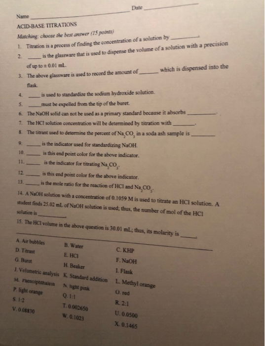 Solved Date Name ACID-BASE TITRATIONS Matching: choose the | Chegg.com