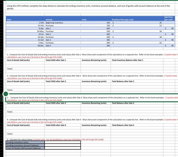 Solved Using the LIFO method, complete the steps below to | Chegg.com