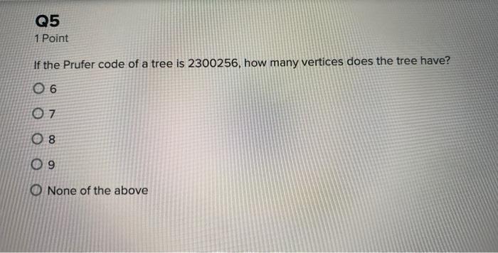 Solved Q5 1 Point If the Prufer code of a tree is 2300256, | Chegg.com
