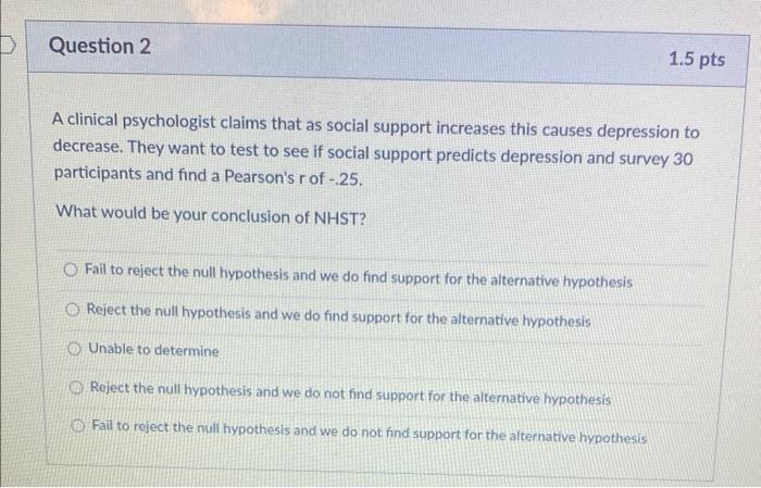 Solved A clinical psychologist claims that as social support | Chegg.com
