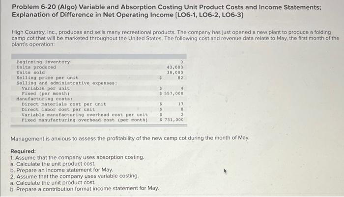 Solved Problem 6-20 (Algo) Variable and Absorption Costing | Chegg.com