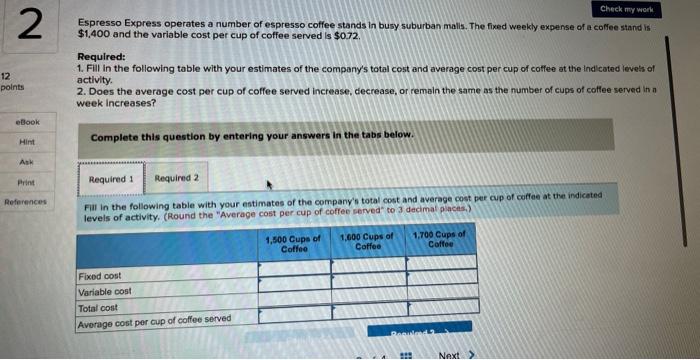 Solved 2 12 points eBook Hint Ask Print References Check my | Chegg.com