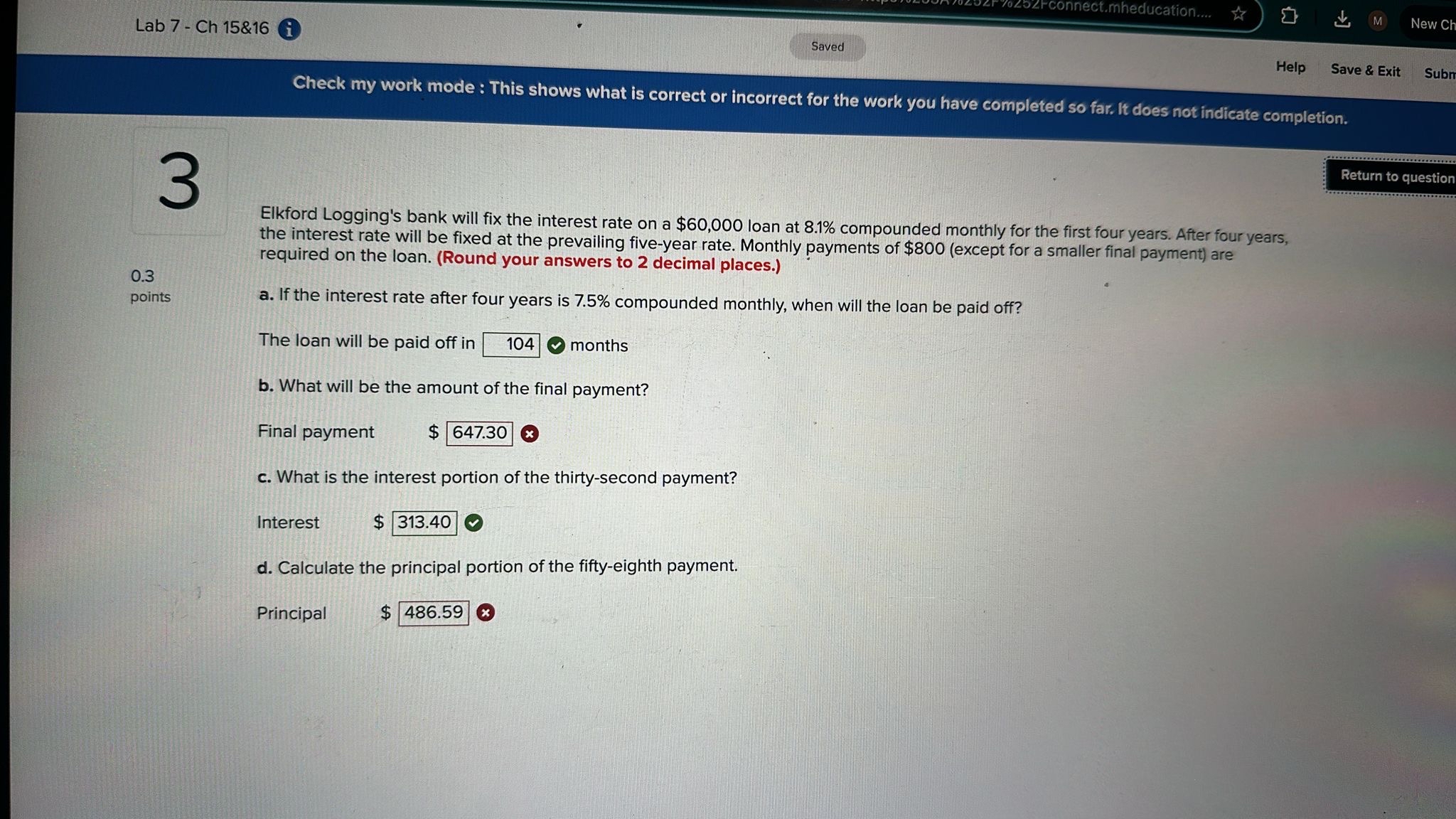Solved by an EXPERT Lab 7 - ﻿Ch 15&16HelpSave & ExitCheck my work mode : | Chegg.com