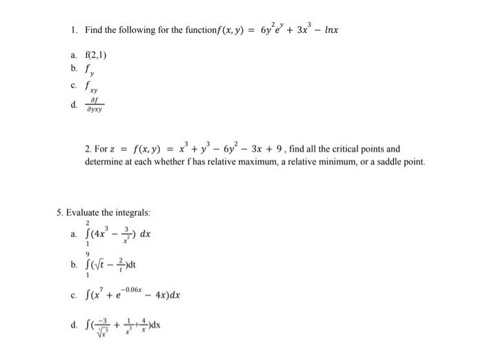 Solved 1. Find the following for the function | Chegg.com