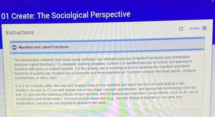 01 Create: The Sociolgical Perspective | 2 N RUBRIC ! | Chegg.com