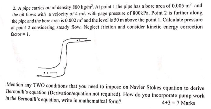 Solved 2. A pipe carries oil of density 800 kg/m3. At point | Chegg.com