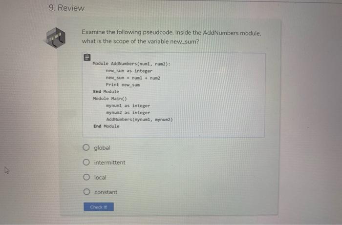 Solved 9 Review Examine The Following Pseudcode Inside The 