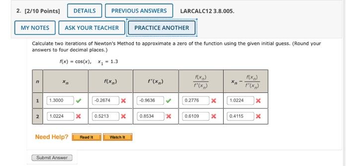 Solved Calculate Two Iterations Of Newtons Method To