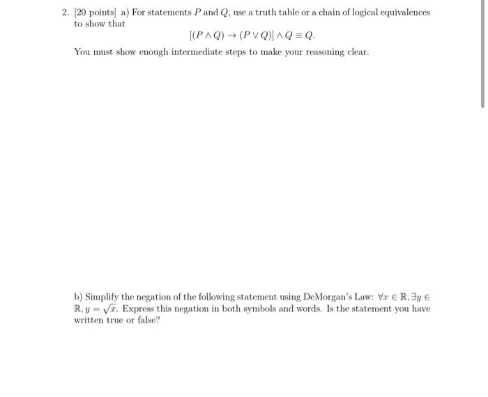 Solved 2. [20 points] a) For statements P and Q, use a truth | Chegg.com