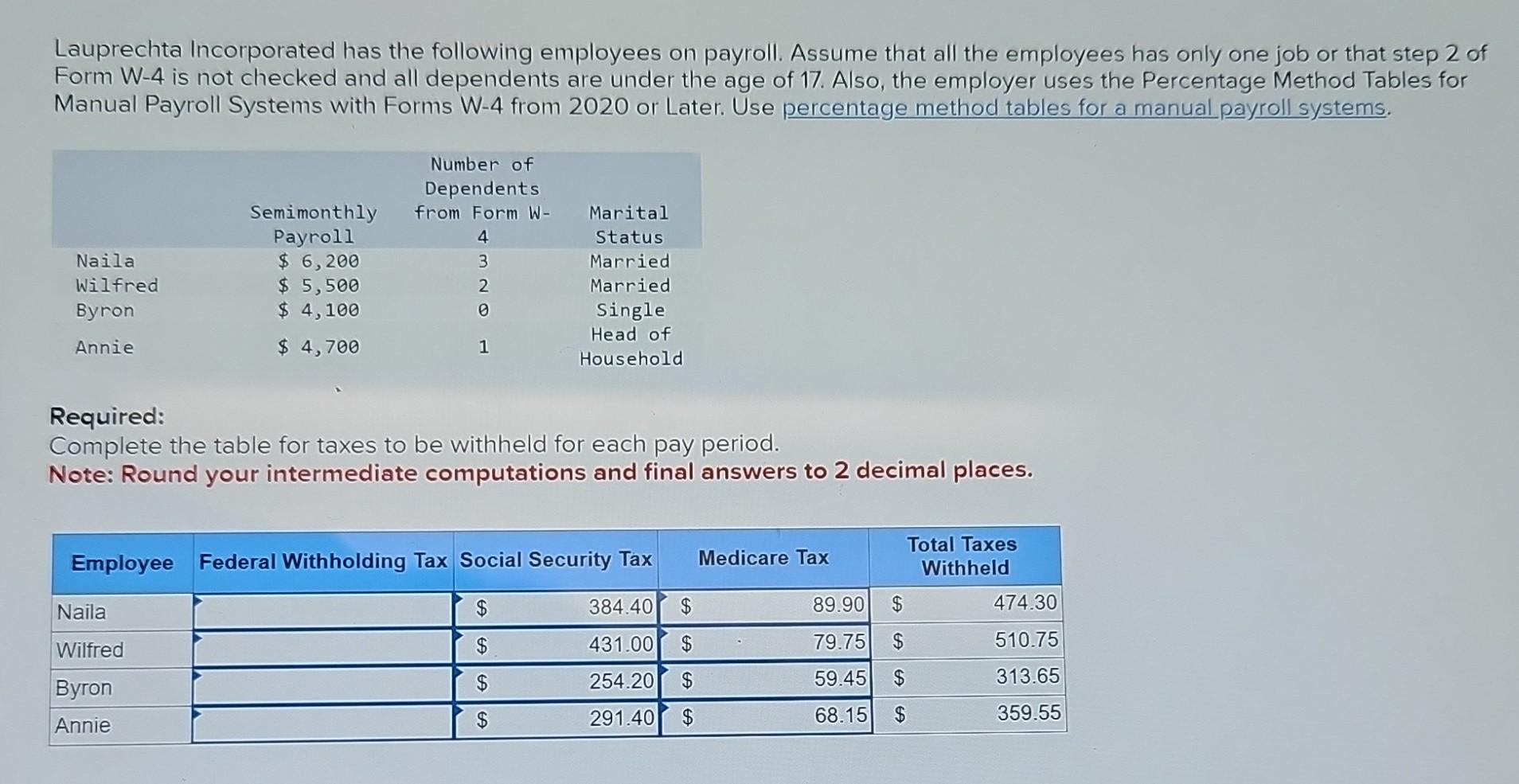 Solved Lauprechta Incorporated has the following employees | Chegg.com Solved Lauprechta Incorporated has the following employees | Chegg.com