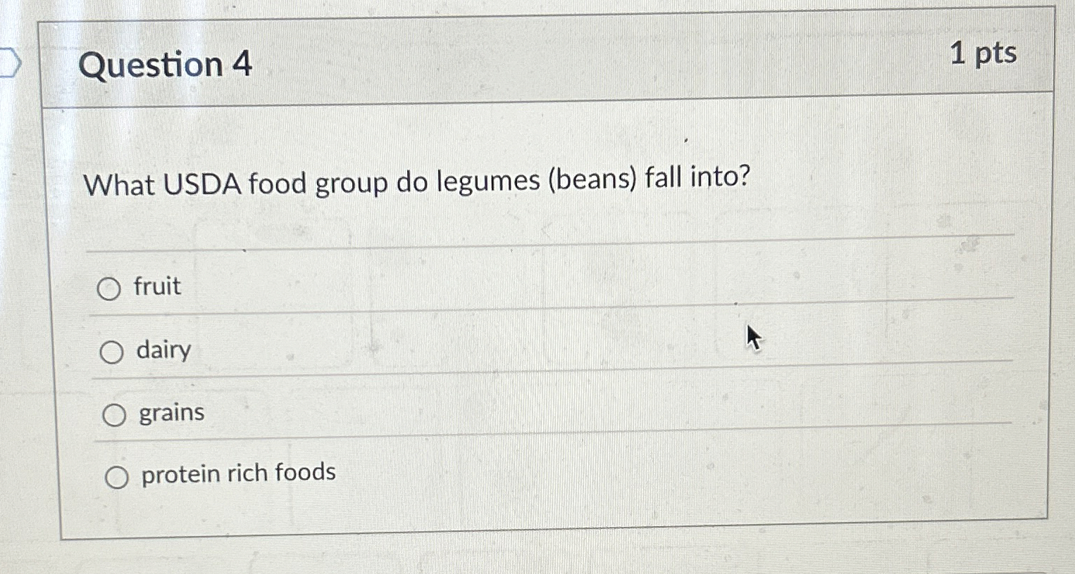 Solved Question 4What USDA food group do legumes (beans) | Chegg.com