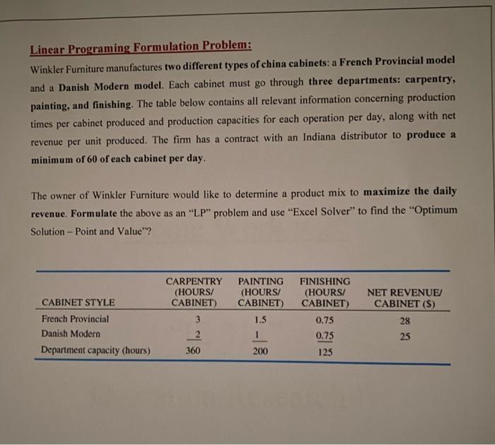 Solved Linear Programing Formulation Problem: Winkler | Chegg.com