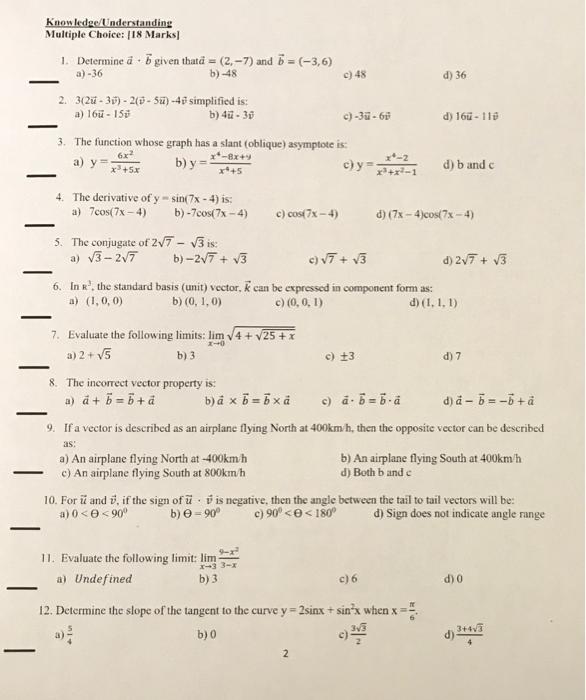 Solved Knowledge/Understanding Multiple Choice: 18 Marks] 1. | Chegg.com