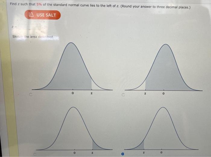 Solved Find z such that 5% of the standard normal curve lies | Chegg.com