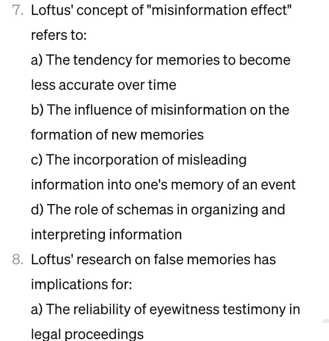 Solved Loftus' concept of "misinformation effect" refers | Chegg.com