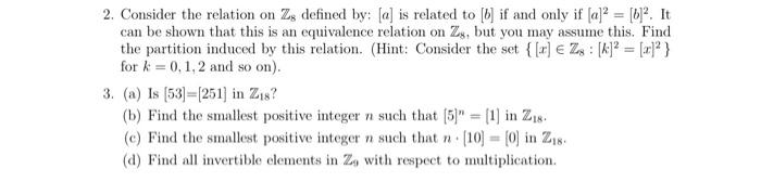 Solved 2. Consider the relation on Z8 defined by: [a] is | Chegg.com