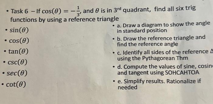 Solved - Task 6 - If cos(θ)=−31, and θ is in 3rd quadrant, | Chegg.com
