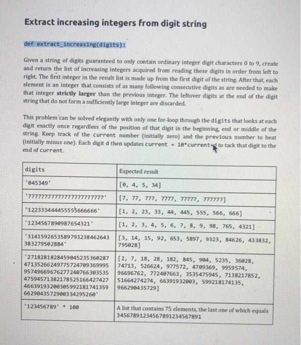 Solved Extract increasing integers from digit string def | Chegg.com