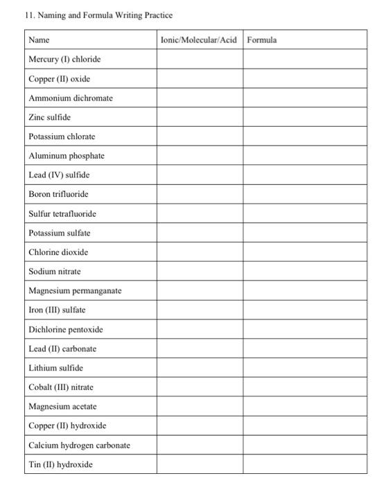 Solved 11. Naming and Formula Writing Practice | Chegg.com