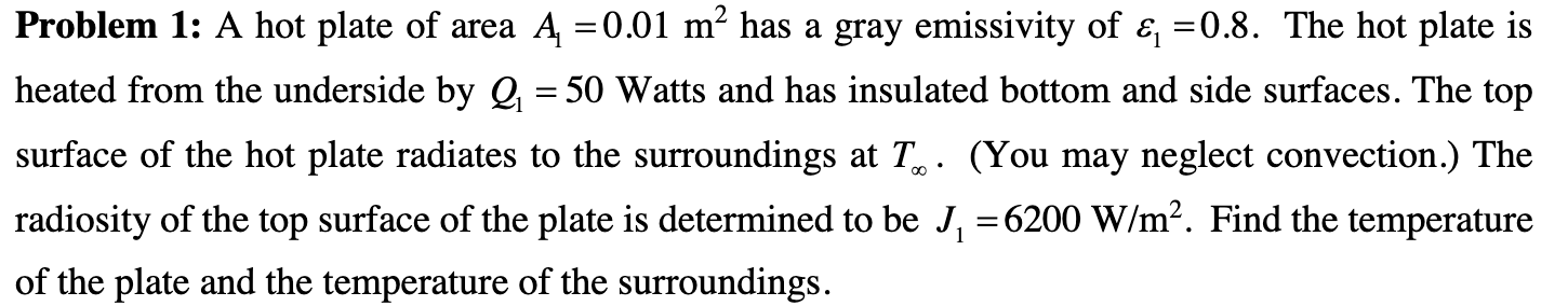 Solved Problem 1: A hot plate of area A1=0.01m2 ﻿has a gray | Chegg.com