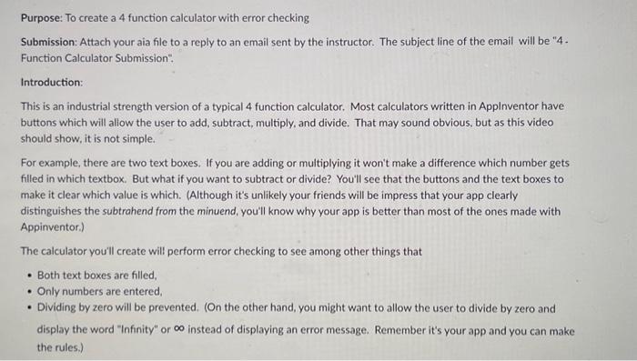 Solved Purpose: To create a 4 function calculator with error | Chegg.com