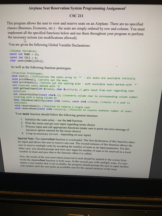 Solved Airplane Seat Reservation System Programming | Chegg.com