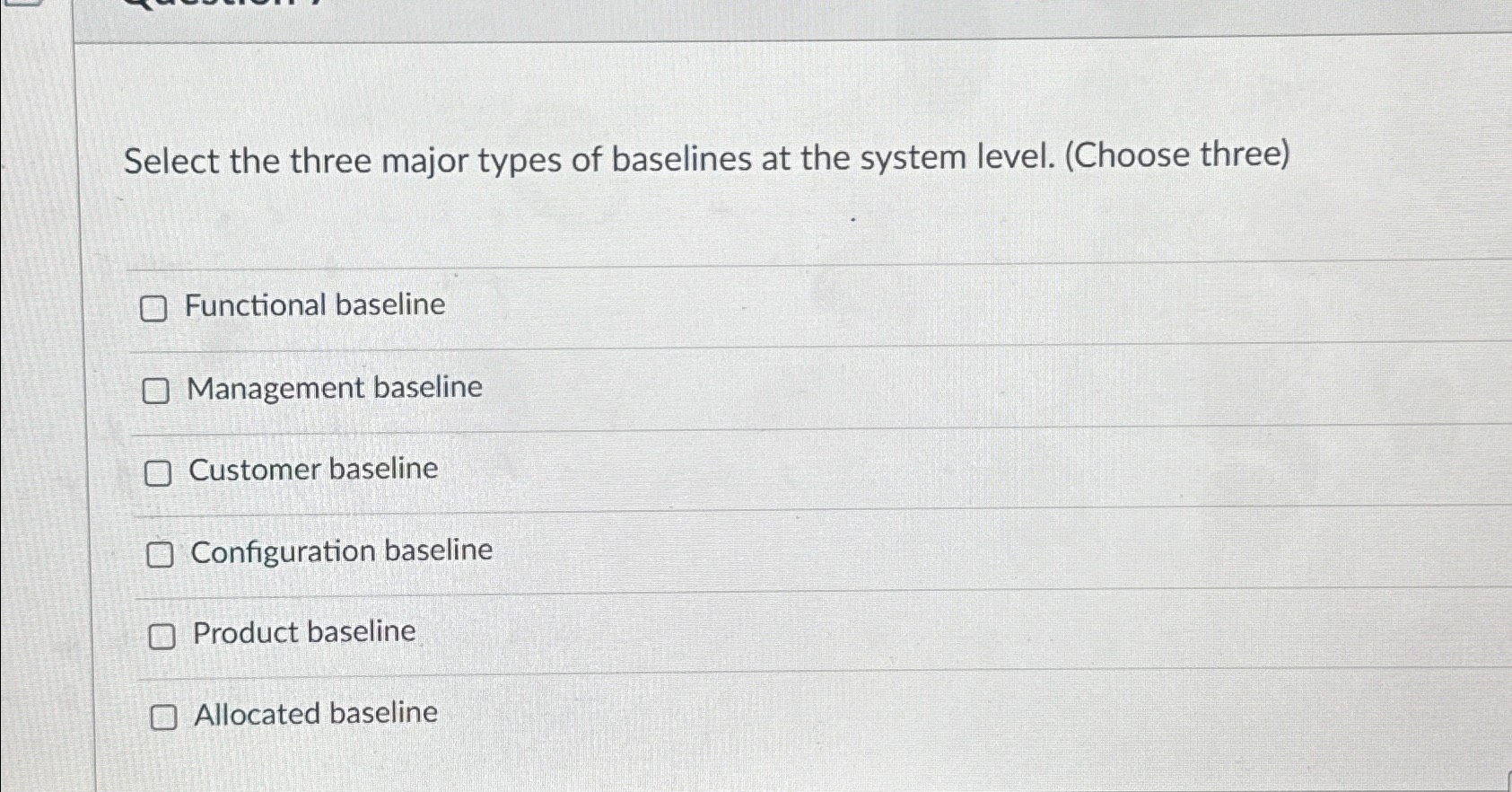 Solved Select the three major types of baselines at the | Chegg.com