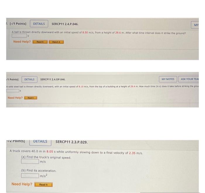 Solved MY 2. [-/1 Points) DETAILS SERCP11 2.4.P.046. A bail | Chegg.com Solved MY 2. [-/1 Points) DETAILS SERCP11 2.4.P.046. A bail | Chegg.com