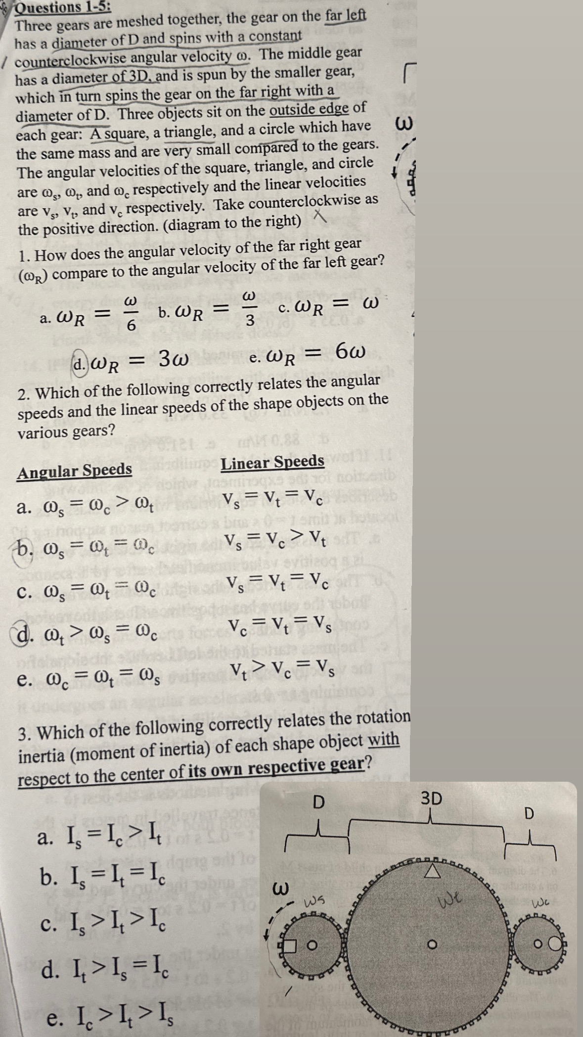 Solved Questions 1-5:Three gears are meshed together, the | Chegg.com