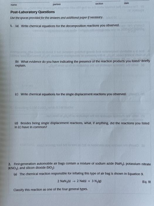Solved section date name partner Post-Laboratory Questions | Chegg.com
