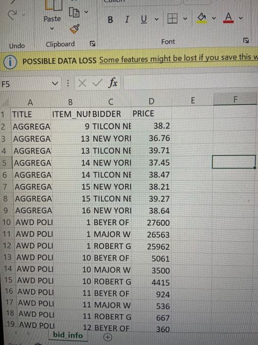 Solved You are given the following csv file: bid_info.cev | Chegg.com