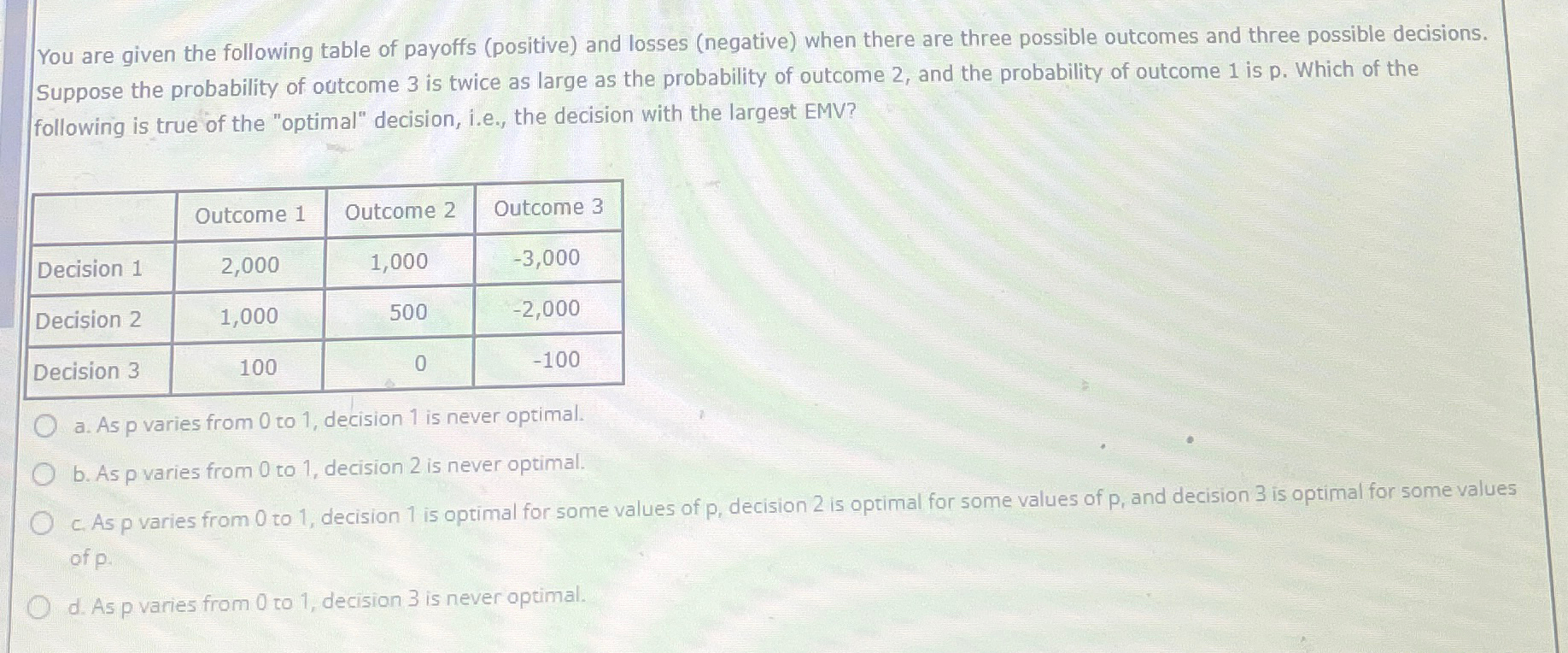 Solved You are given the following table of payoffs | Chegg.com