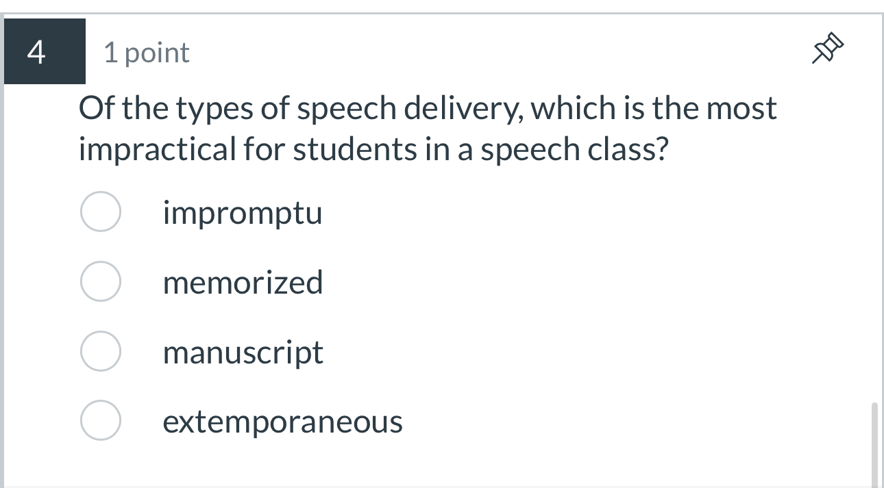 Solved 41 ﻿pointOf the types of speech delivery, which is | Chegg.com