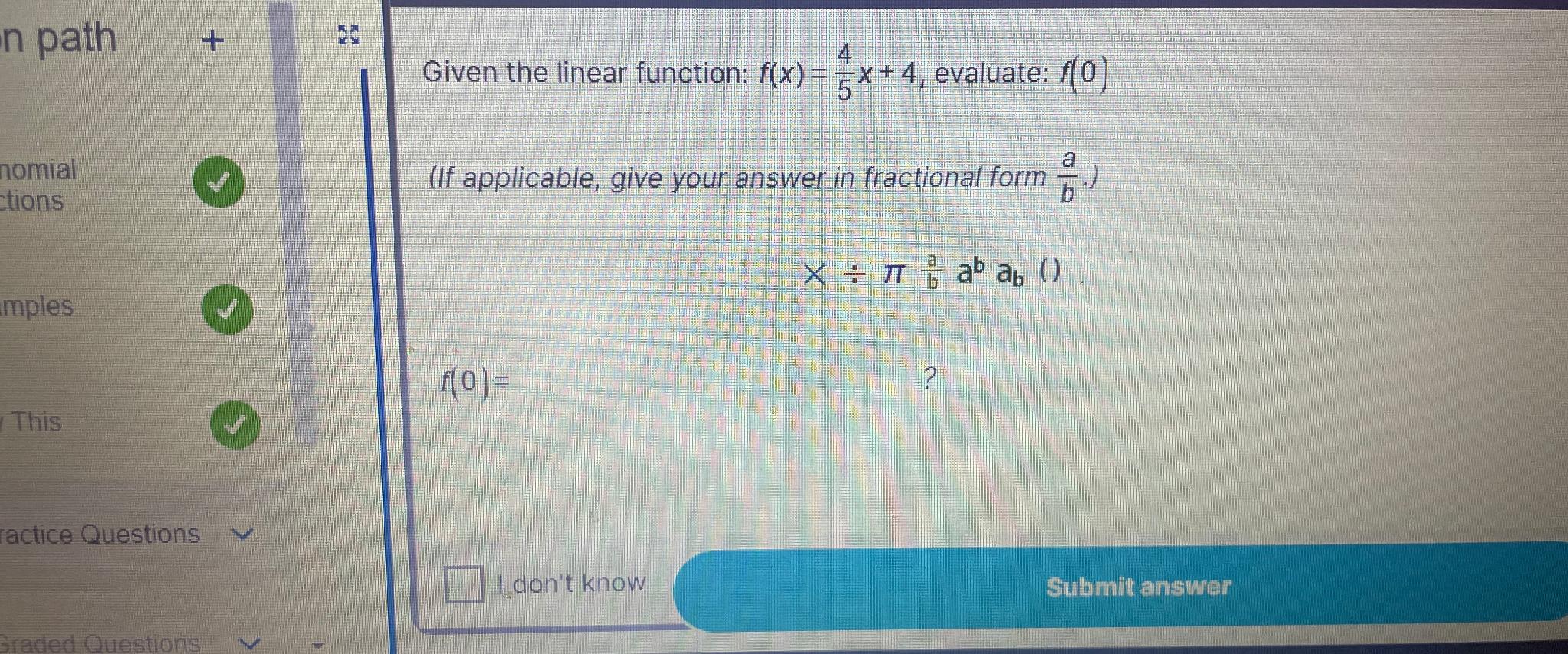 Solved Given the linear function: f(x)=45x+4, ﻿evaluate: | Chegg.com