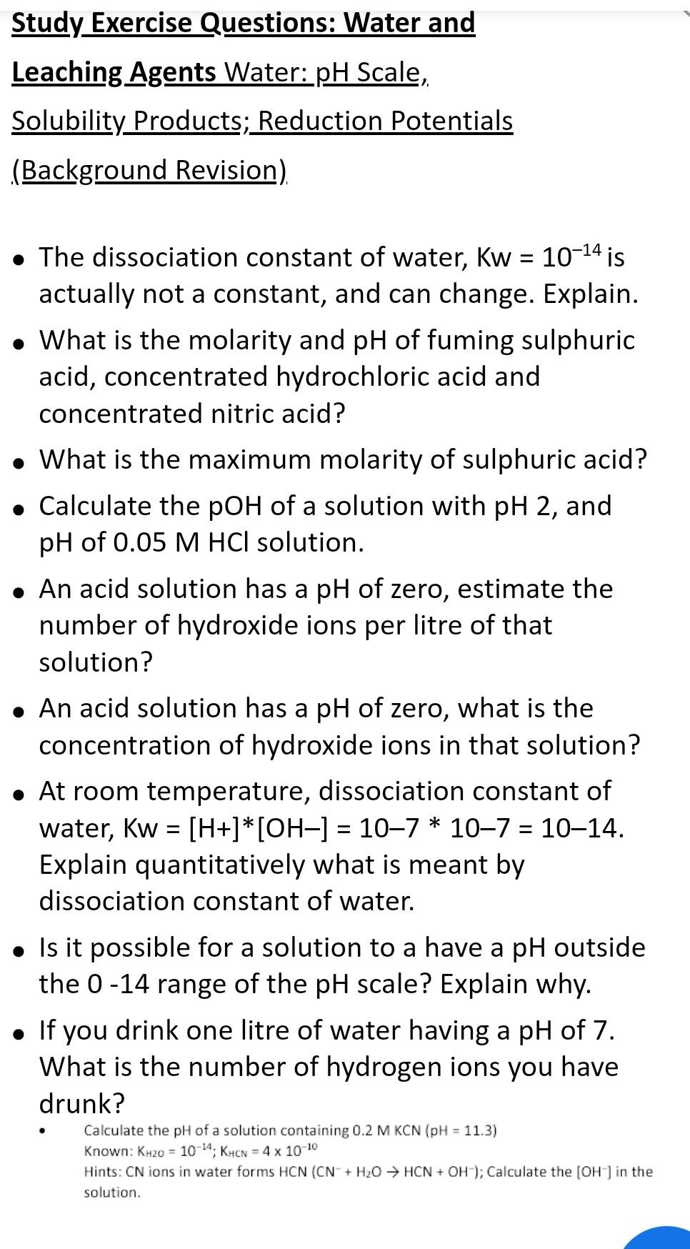 Solved Study Exercise Questions: Water and Leaching Agents | Chegg.com