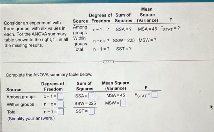 Solved Mean Degrees of Sum of Square Consider an experiment | Chegg.com