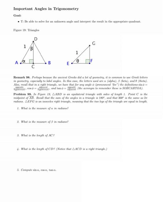 Solved Important Angles in Trigonometry Goal: T: Be able to | Chegg.com