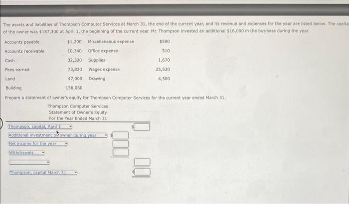 Solved The assets and liabilities of Thompson Computer | Chegg.com
