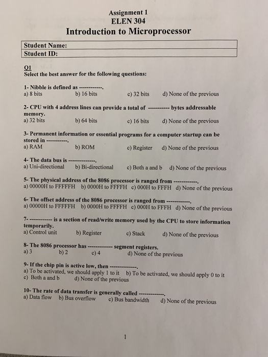 Solved Assignment 1 Elen 304 Introduction To Microprocessor 