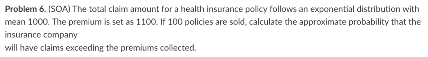 Solved Problem 6. (SOA) ﻿The total claim amount for a health | Chegg.com