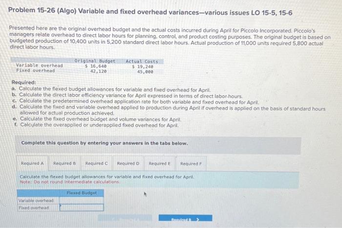 Solved Problem 15-26 (Algo) Variable and fixed overhead | Chegg.com