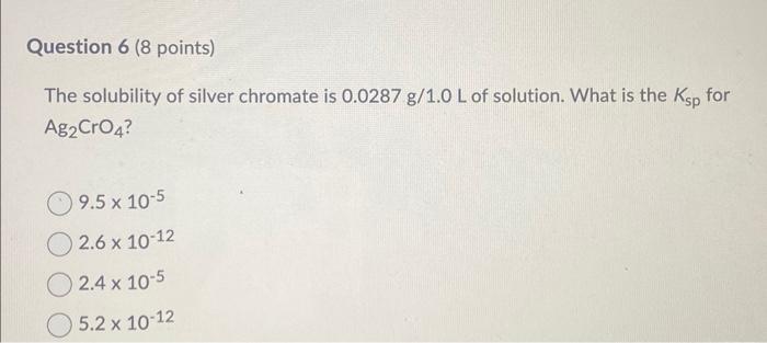 Solved The solubility of silver chromate is 0.0287 g/1.0 L | Chegg.com