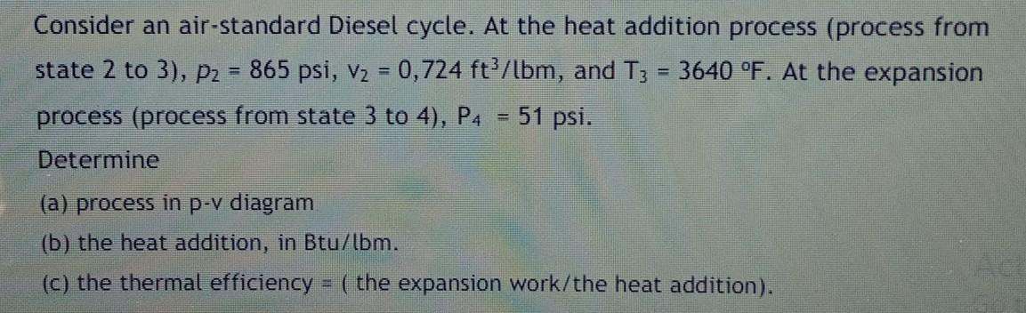 Solved Consider an air-standard Diesel cycle. At the heat | Chegg.com