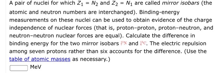 Solved A pair of nuclei for which Z1 = N2 and Z2 = N1 are | Chegg.com