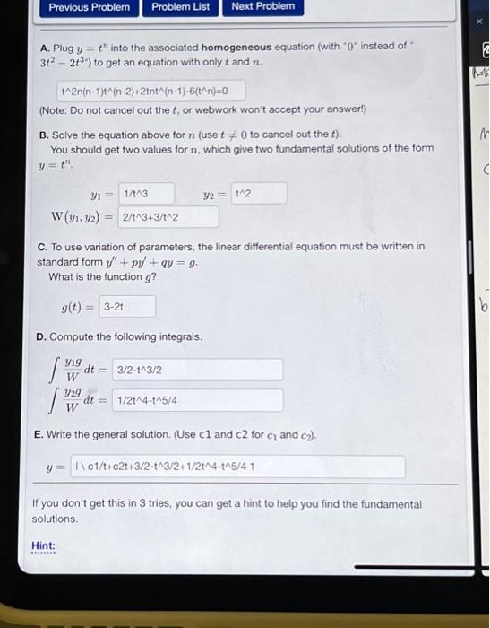 A. Plug y=tn into the associated homogeneous equation | Chegg.com