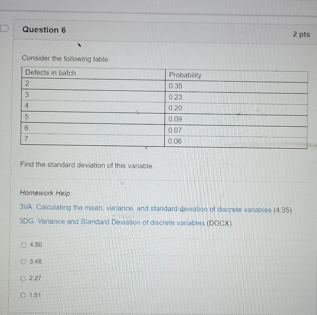 Solved Question 6 2 pts Consider the following table. | Chegg.com