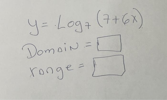 Solved y=log7(7+6x) Domsin = ronge = | Chegg.com