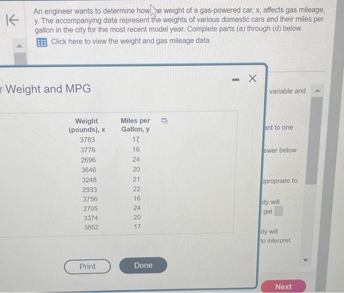 Solved An engineer wants to determine how weight of a | Chegg.com