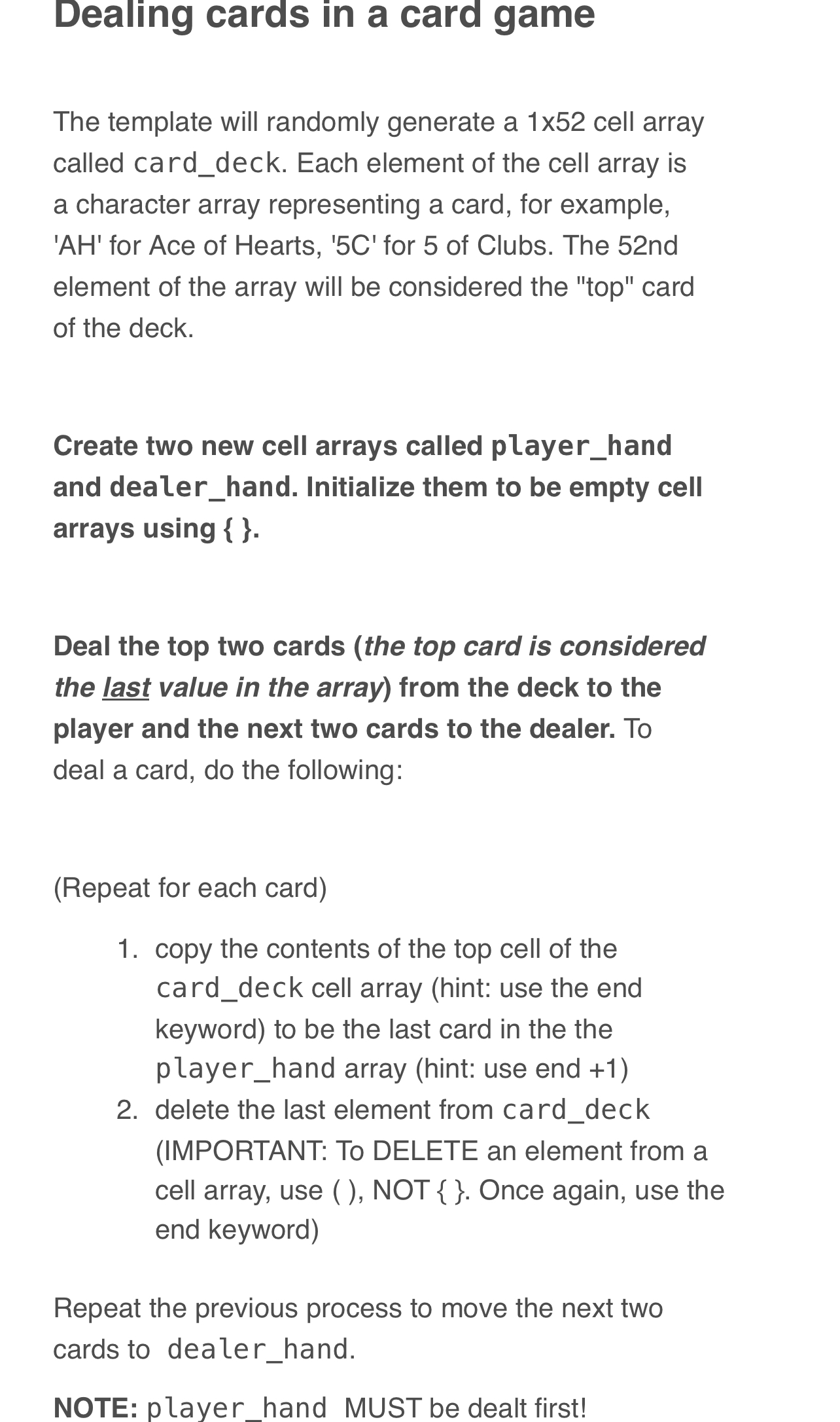 Solved Matlab NEED ASAP!Dealing cards in a card gameThe | Chegg.com