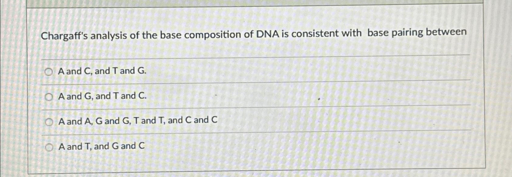 Solved Chargaff's analysis of the base composition of DNA is | Chegg.com